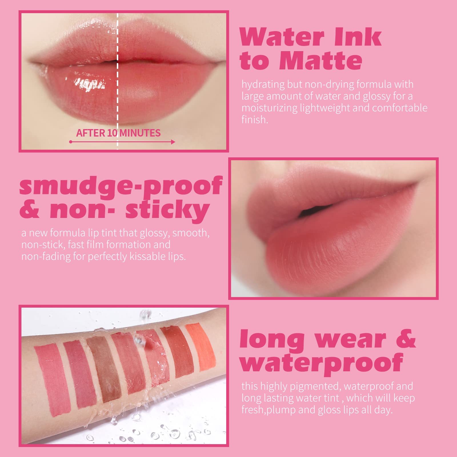 KIMUSE Water Gel Lip Tint 3 Colors Set, Highly Pigmented Long Lasting Moisturizing Glossy Lip Stains, Hydrate Lightweight Lip Gloss Makeup