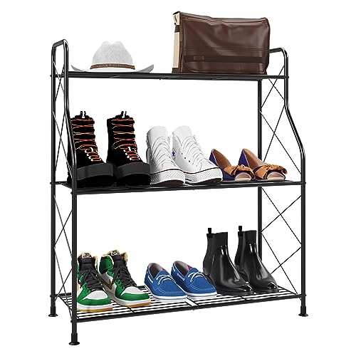 YisanCrafts 3-Tier Shoe Rack for Closet Metal Shoe Organizer for Entryway, Extra Large Capacity Wide Shoe Storage Shelf with Sturdy Wire Grid for Closet Floor, Bedroom, Wire Grid, Black