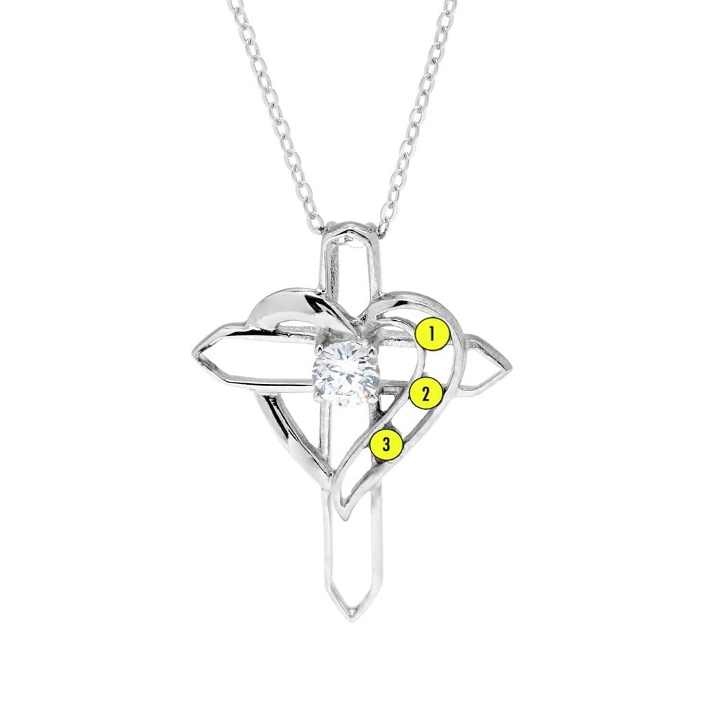 EVE'S ADDICTION Women's Custom Sterling Silver 3 Stone Simulated Birthstone Heart with Cross Pendant (20" chain) Personalized Mother Daughter - Gifts for Mom