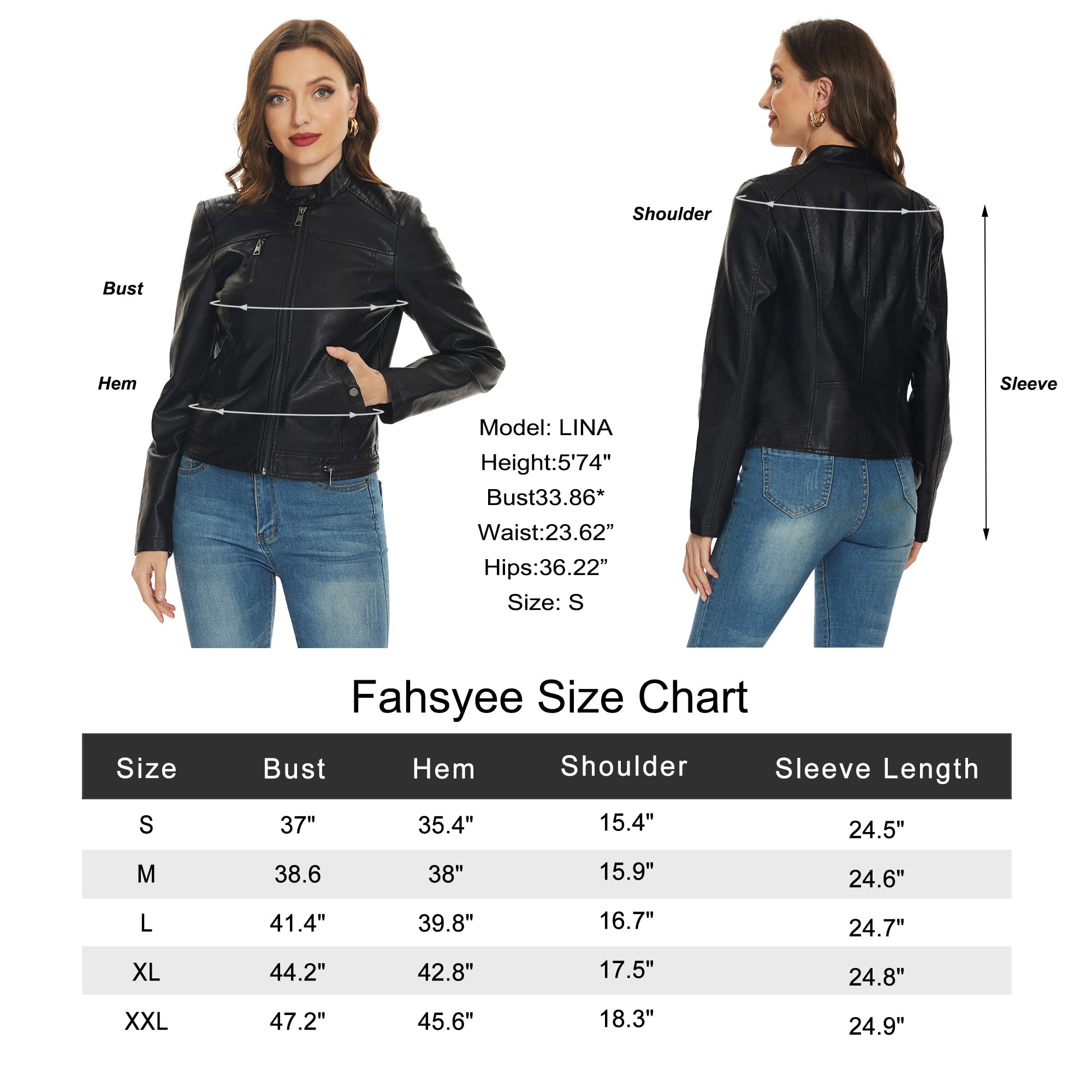 Fahsyee Black Faux Leather Jackets for Women Zip Up Motorcycle Short PU Moto Biker Outwear Fitted Slim Coat Size XL