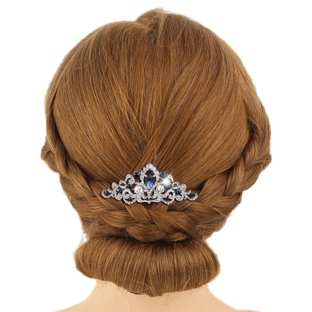 EVER FAITH Austrian Crystal Art Deco Flower Vine Wedding Prom Hair Comb fro Women Bride Bridesmaids Navy Blue Silver-Tone