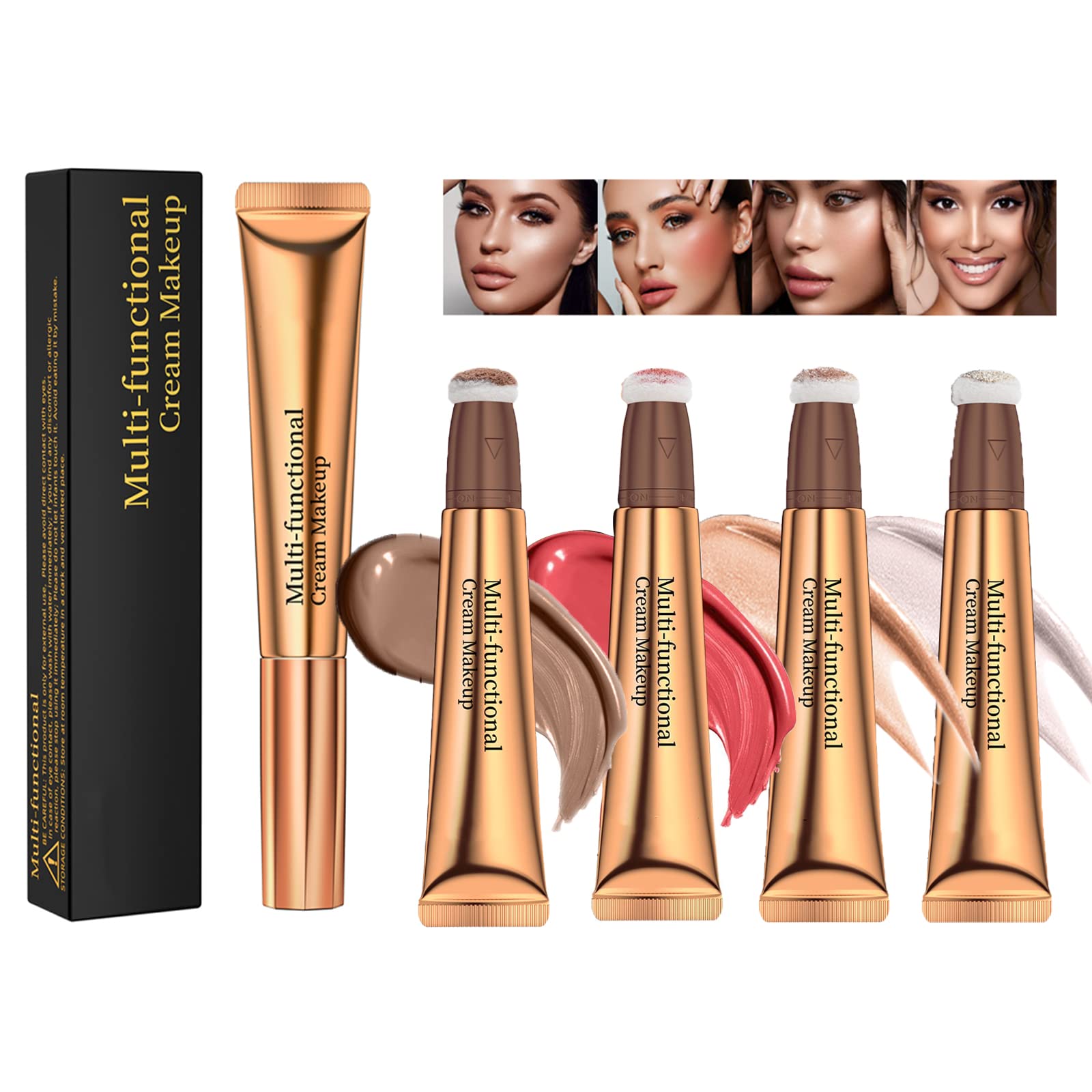 Domality 4pcs Bronzer Liquid Beauty Wand, Liquid Face Contour Highlighter Blush Stick with Cushion Applicator, Long Lasting Natural Matte/Shimmer Finish, Smooth Silky Makeup Stick for Face