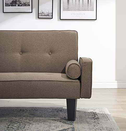 ERYE 71.6" W 3-in-1 Upholstered Napping Futon Loveseat Convertible Sleeper Bed,2-Seaters Sofa & Couch Tufted Cushions Love Seat Daybed for Small Space Living Room, Brown with Pillows