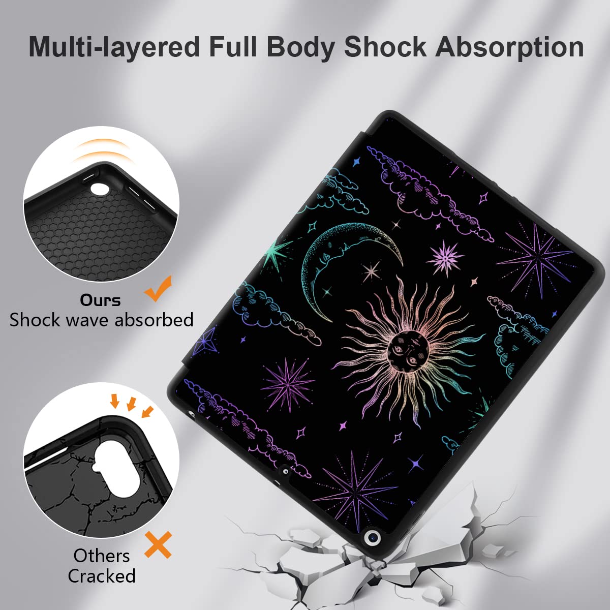 DONGKE Case Compatible with iPad 10.2 Inch 2021 2020 2019 iPad 9th/8th/7th Generation with Pencil Holder, Slim Stand Protective Case with Soft TPU Back, Auto Sleep/Wake Cover, Sun & Moon
