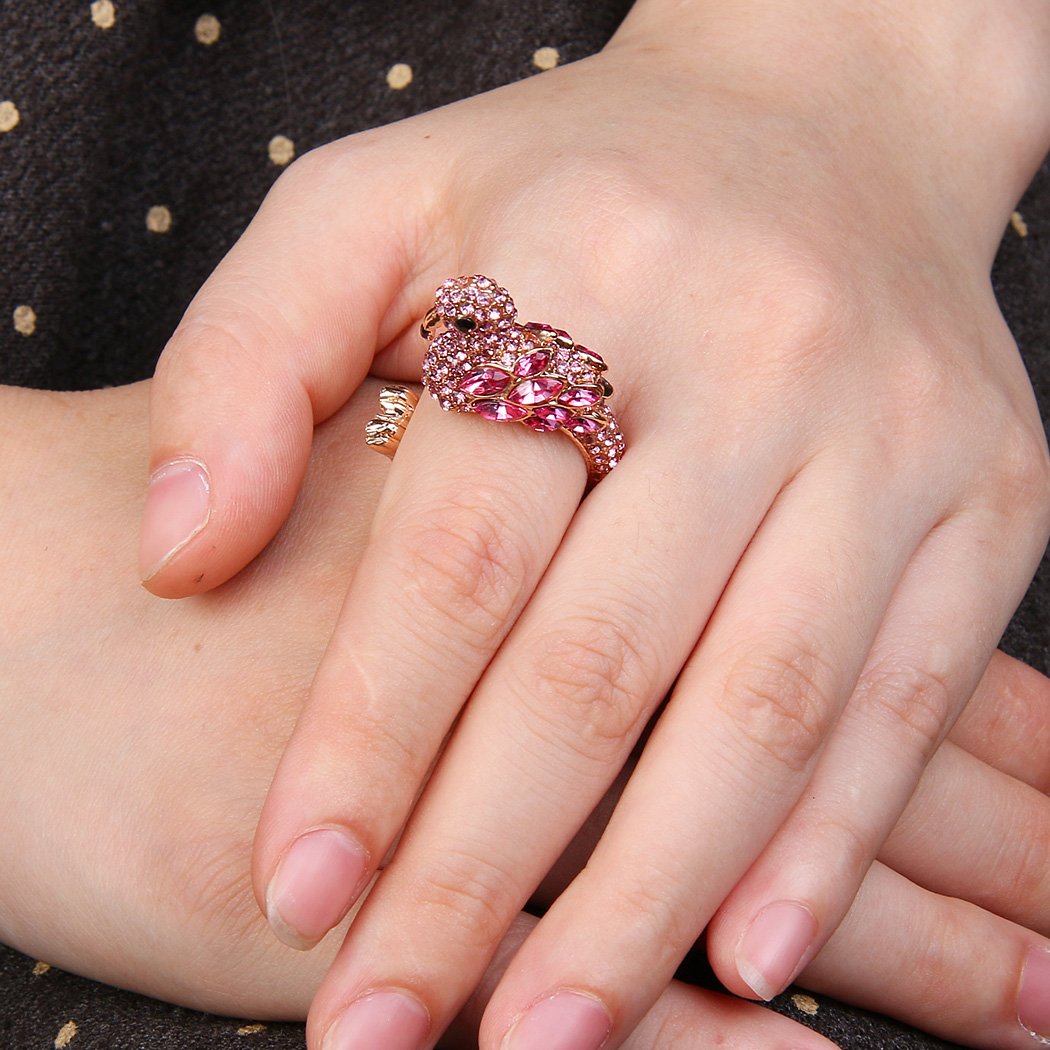 EVER FAITH Gold-Tone Austrian Crystal Lovely Little Flamingo Statement Cuff Ring Pink Size 7