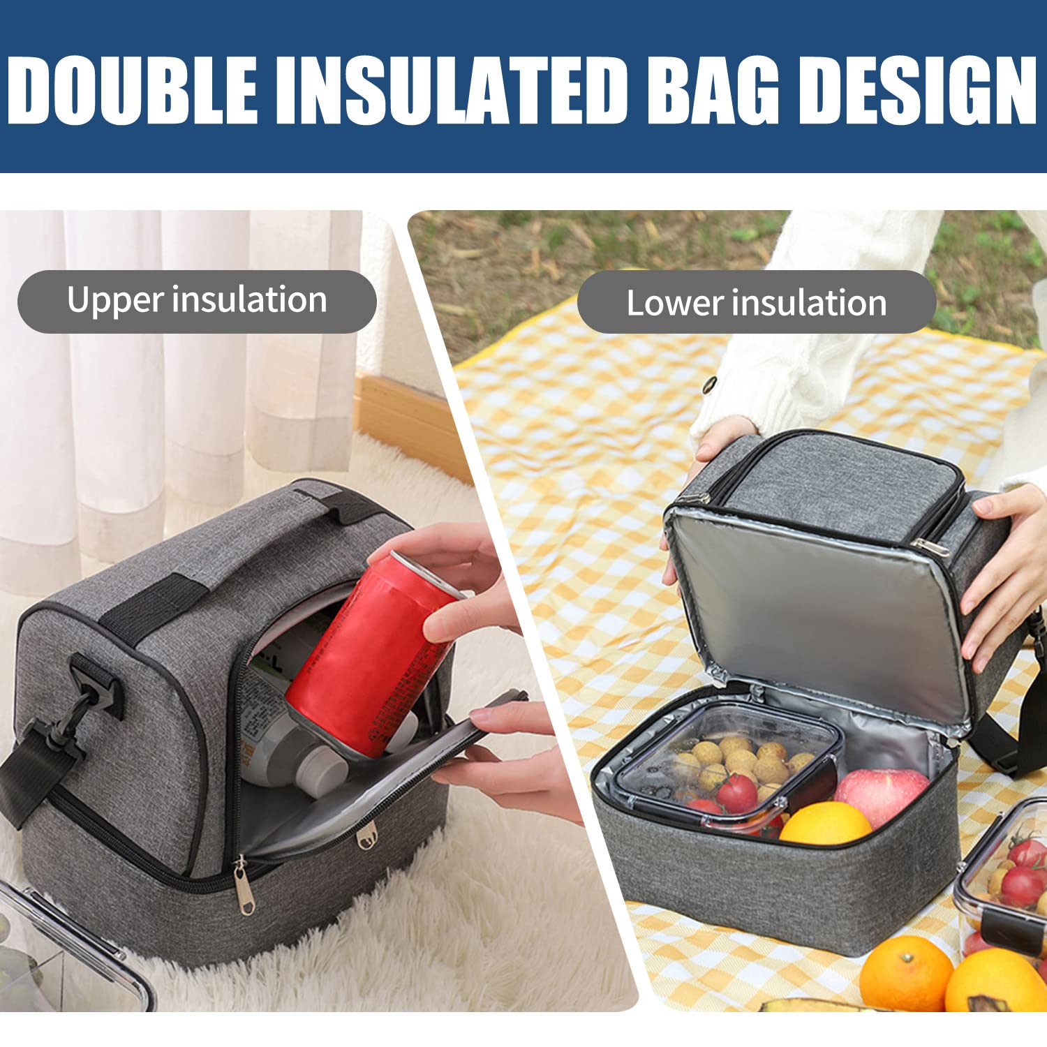 HANKLPH Double Layer Lunch Box for Women/Men, Insulated Lunch Bag Large Adults, Reusable Lunchbox Cooler Bag,Suitable for Work Picnic Hiking Beach (Grey)