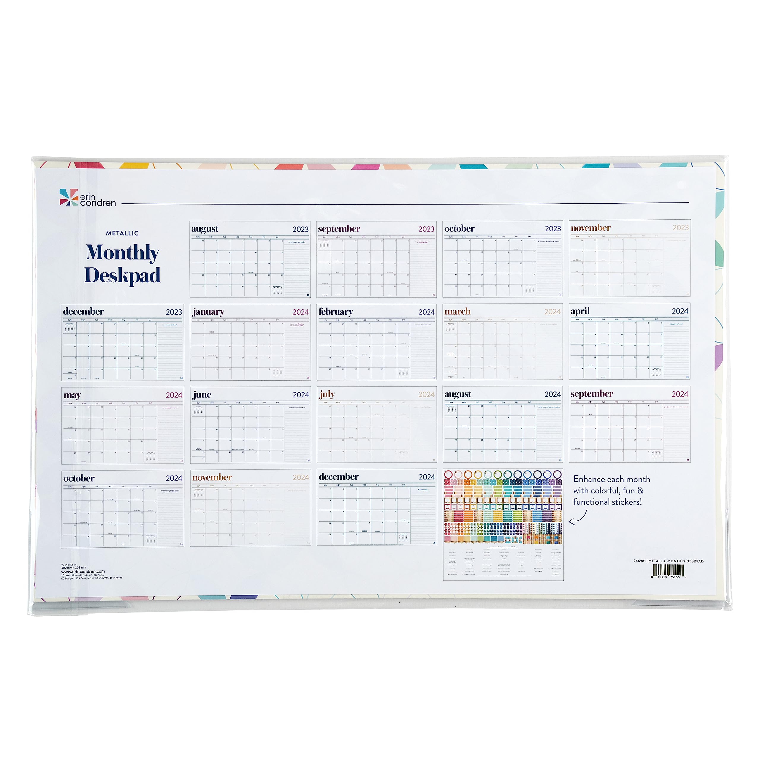 Erin Condren Metallic Monthly Deskpad - 17 Month (August 2023 - December 2024) Functional Organization Essentials for Teachers - Desk Calendar with 19.25" x 12.25" Sheets
