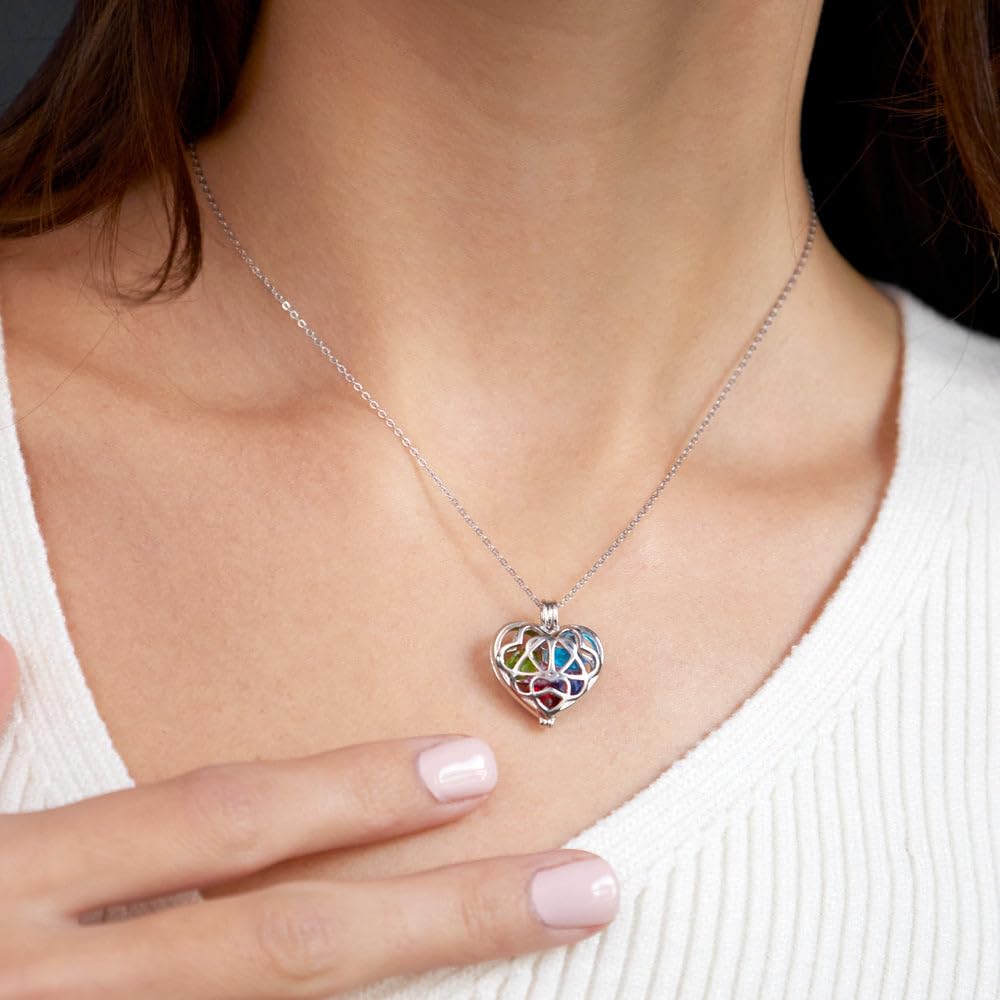 EVE'S ADDICTION Sterling Silver Personalized 6mm Round Simulated Birthstone Heart Caged Locket (16" chain) Personalized Gift for Her - Gifts for Mom