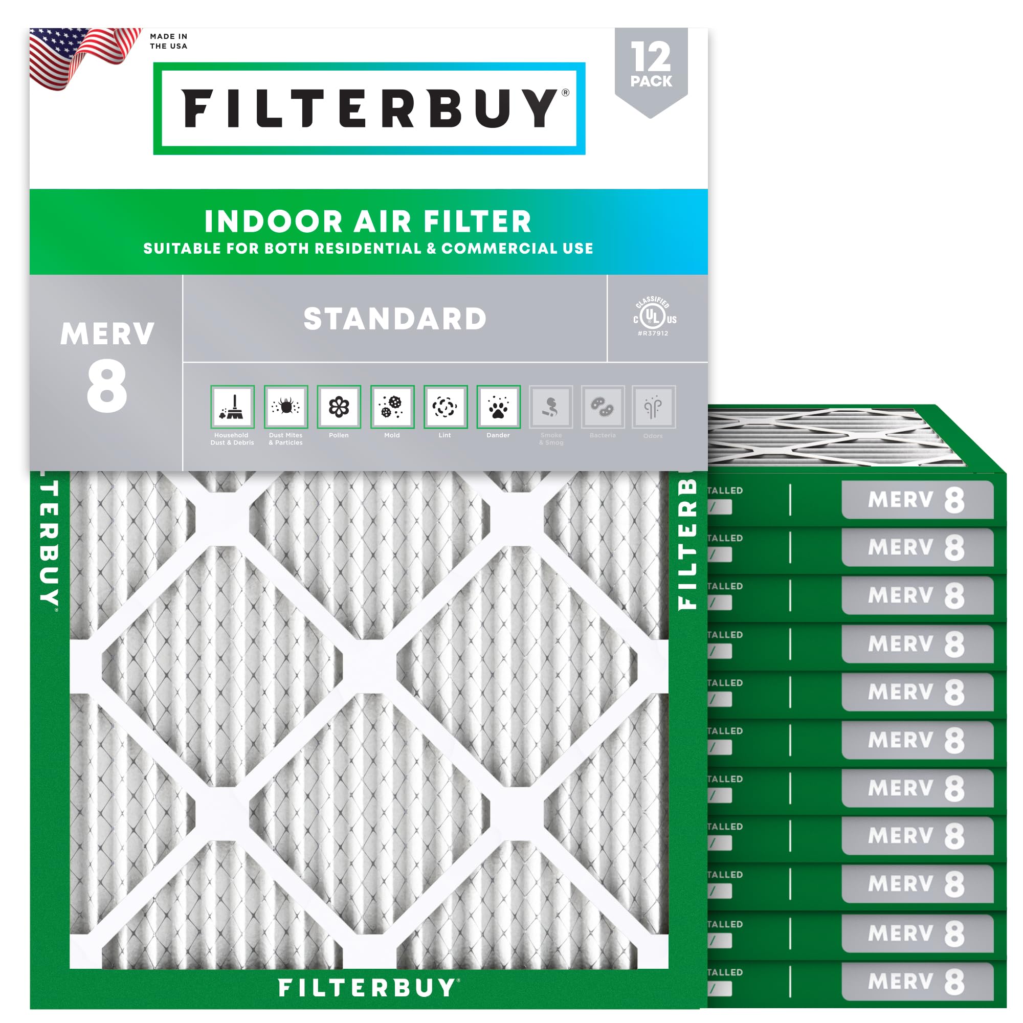Filterbuy 20x25x1 Air Filter MERV 8 Dust Defense (12-Pack), Pleated HVAC AC Furnace Air Filters Replacement (Actual Size: 19.50 x 24.50 x 0.75 Inches)