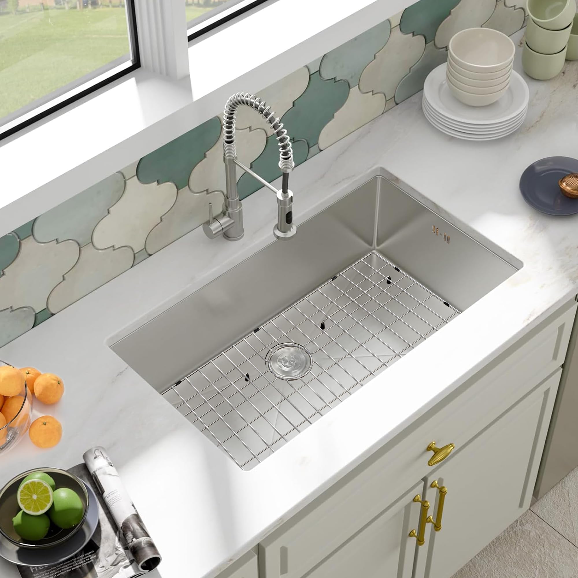 Stainless Steel Sink Grid and Protectors for Bottom of Kitchen Sink,26" x 14" Inches with Rear Drain