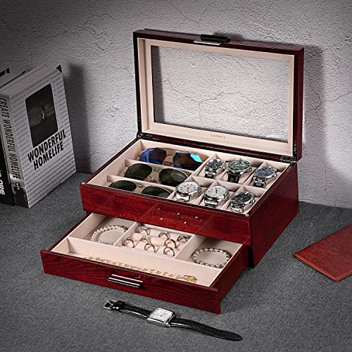 LANDICI Jewelry Box Watch Boxes Organizer for Men Women Gift,Wooden Jewellery Box with Glass Top Display,2 Layer Large 6 Slot Sunglasses Case Holder for Ring Earrings Necklace Bracelet,Walnut Wood