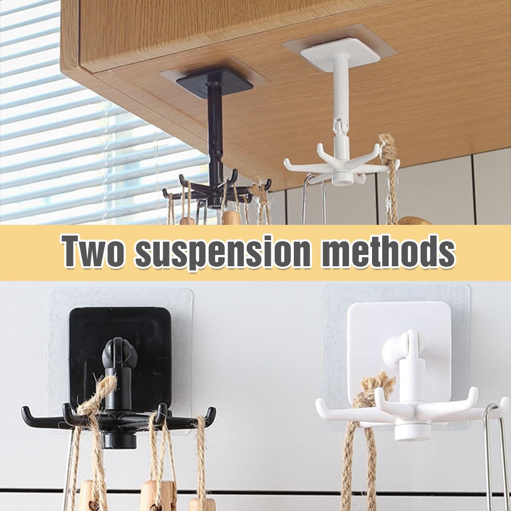 Poouty 360° Rotating Self Adhesive Utility Hook, 2024 New Under Cabinet Hooks Adhesive Kitchen Hooks for Hanging Utensils Holder Hanger Storage Rack for Kitchen Utensils Organizer (6Hooks, 2 Black)