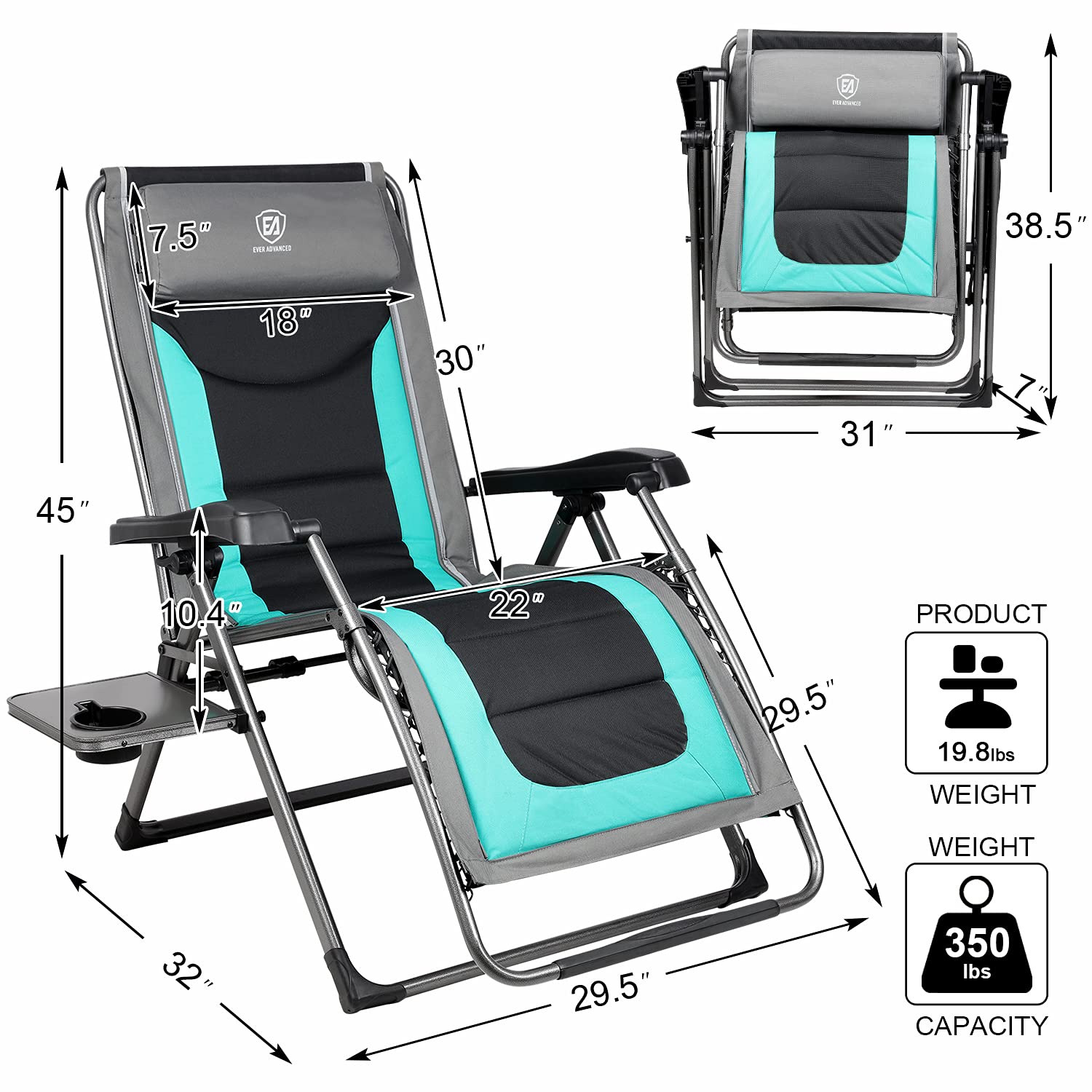 EVER ADVANCED Zero Gravity Lounge Chair with Padded Seat and Back,Oversize Recliner with Adjustable Headrest and Side Table, Support 300 lbs(Grey)