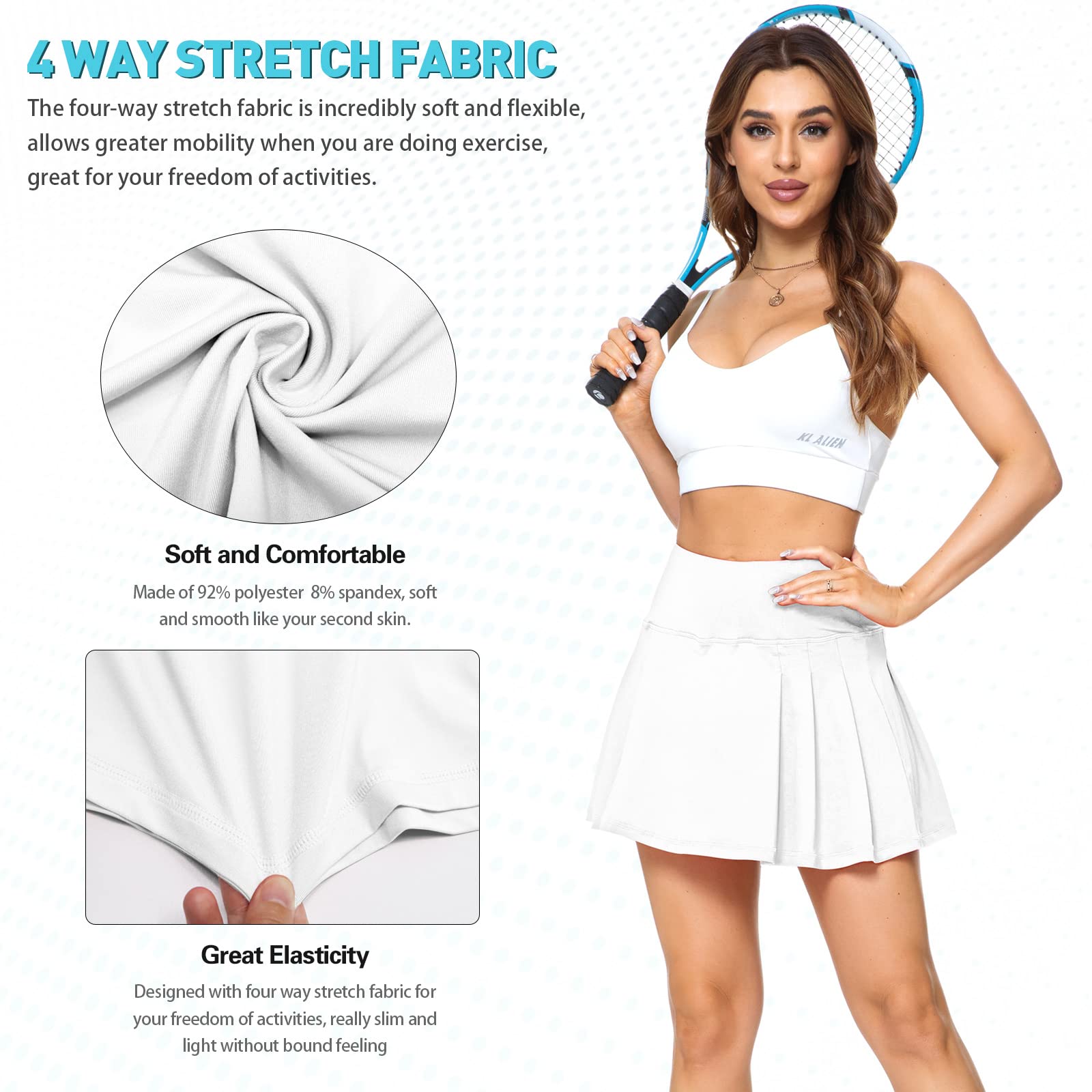 FEIXIANG Athletic Tennis Skirts for Women, High Waisted Golf Skorts 3 Pockets Pleated for Casual Running Workout Active Skirt White
