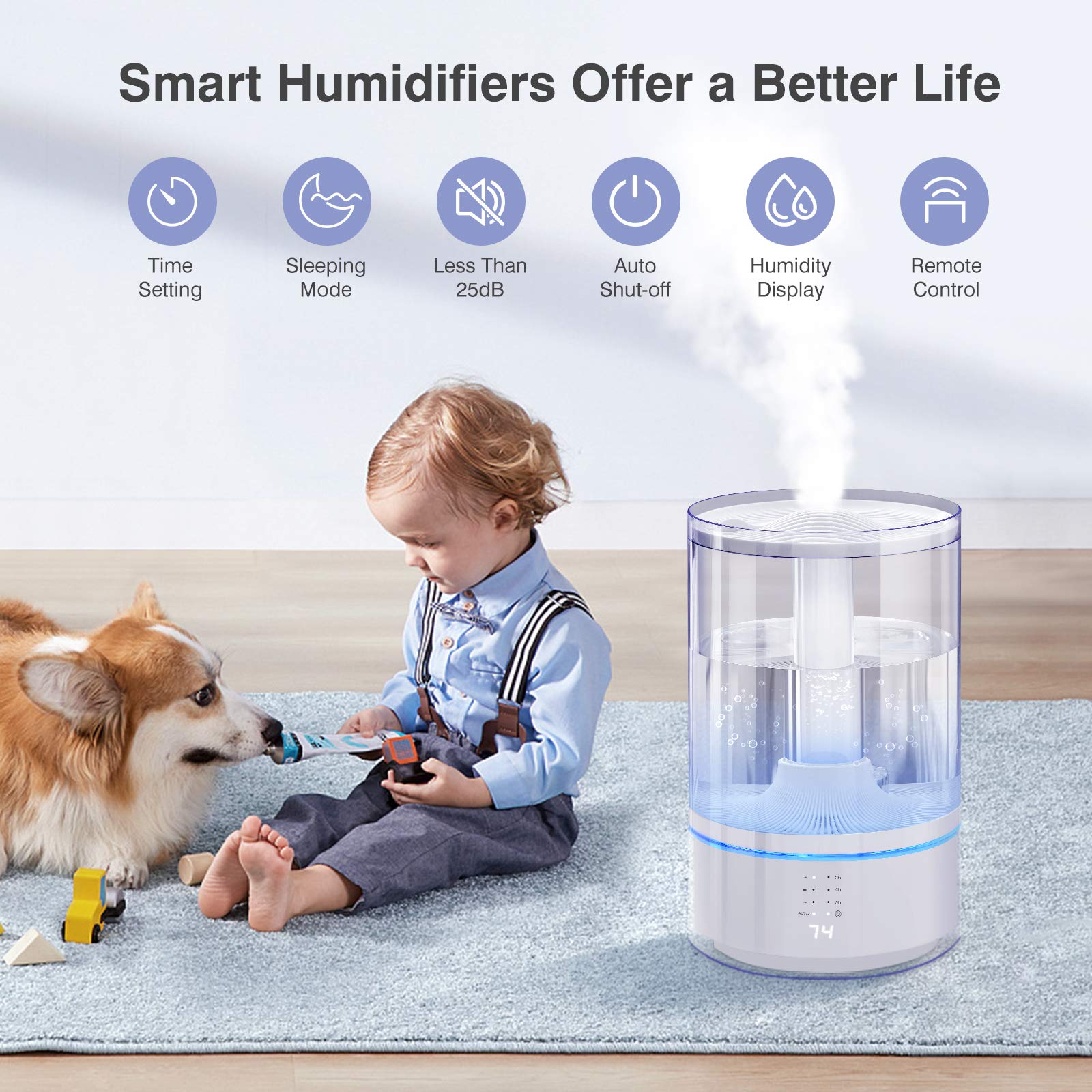 Gocheer Cool Mist Humidifier, 6L Ultrasonic Humidifiers for Bedroom Large Room, Essential Oil Diffuser Air Humidifier with Remote Control LED Display Auto Shut Off Auto Mode, Lasts Up to 65H (6L)