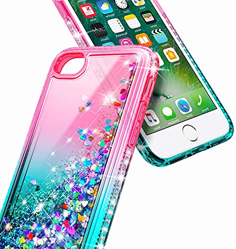 NGB Supremacy Compatible for iPhone 5/5S/iPhone SE (2016 Edition) Case with Tempered Glass Screen Protector, Ring Holder/Wrist Strap, Girls Women Kids Sparkle Glitter Liquid Cute Case (Pink/Aqua)