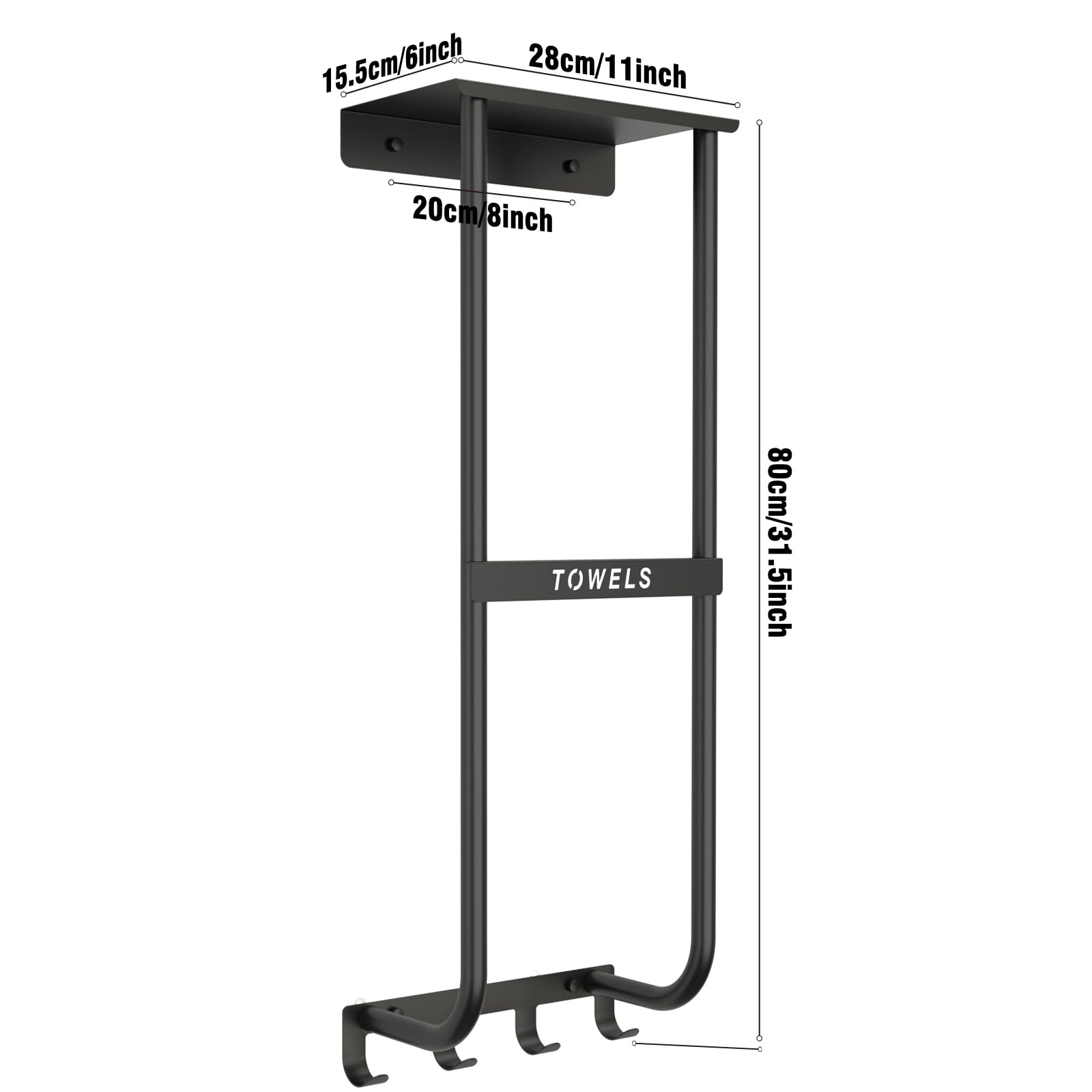 Towel Racks for Bathroom, Black Towel Rack Wall Mounted, Towel Holder for Bathroom Wall, Bath Towel Shelf with Hooks,Stainless Steel Towel Organizer,Bathroom Towel Storage for Rolled Towels.