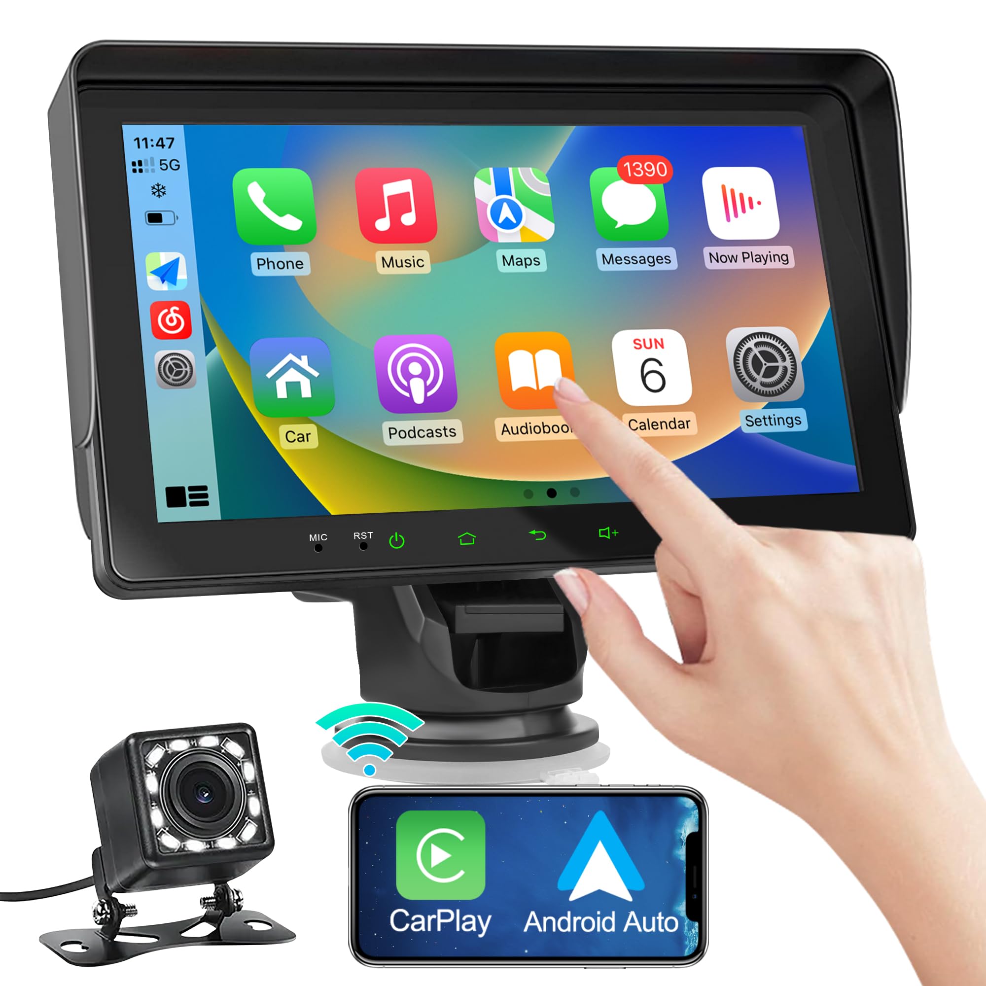 EZHOLF Portable Wireless Carplay Car Stereo with Backup Camera-7" HD IPS Screen, Android Auto, Mirror Link,Siri, Google Assistant, Bluetooth, GPS Navigation Head Unit, Car Radio Receiver, Auto Connect