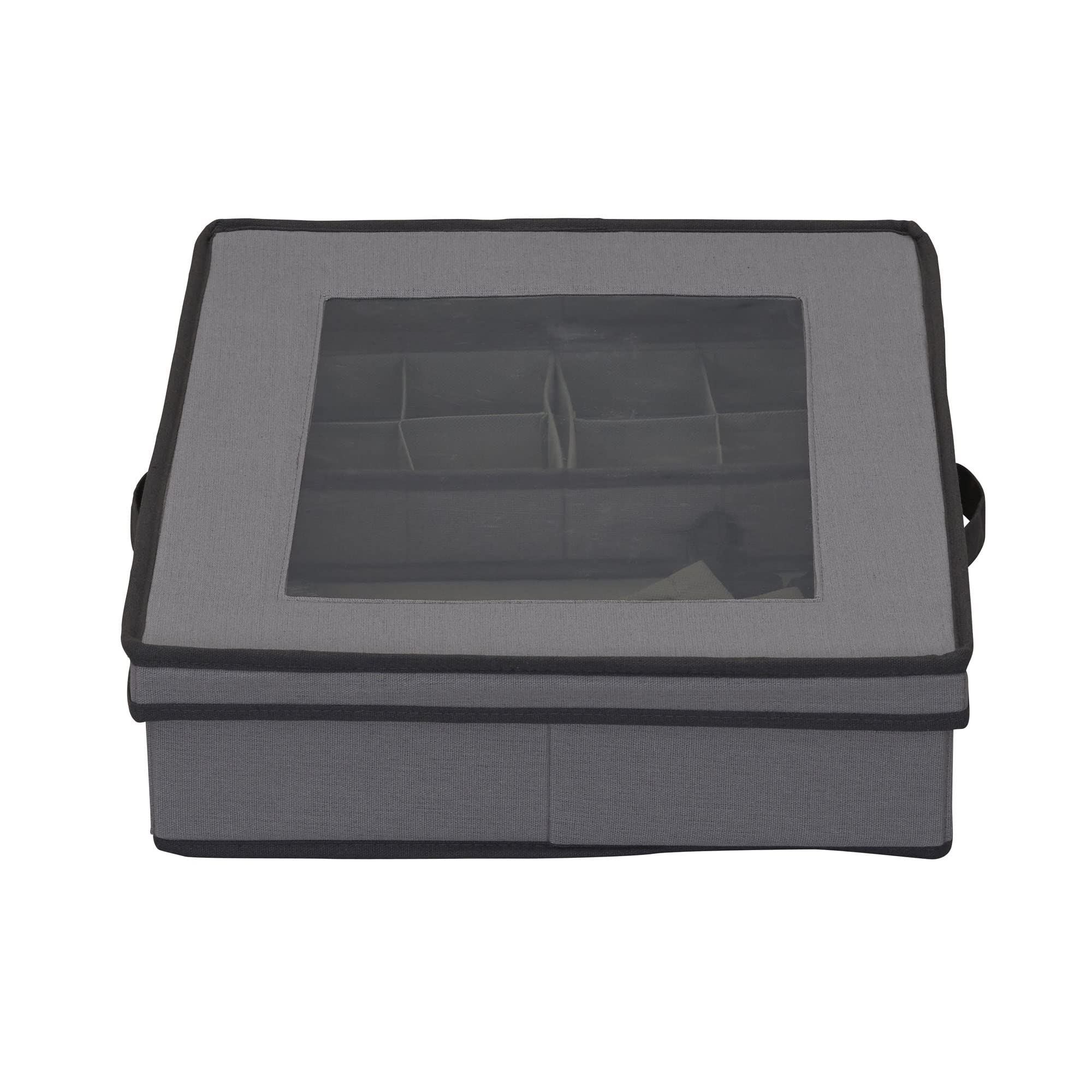 Household Essentials Tabletop Storage Box, Windowed Lid and Front Handle, 8 Compartment Lift-out Tray, 4 Fabric Pouches, Perfect for Special Occasion Tabletop Linens, Gray