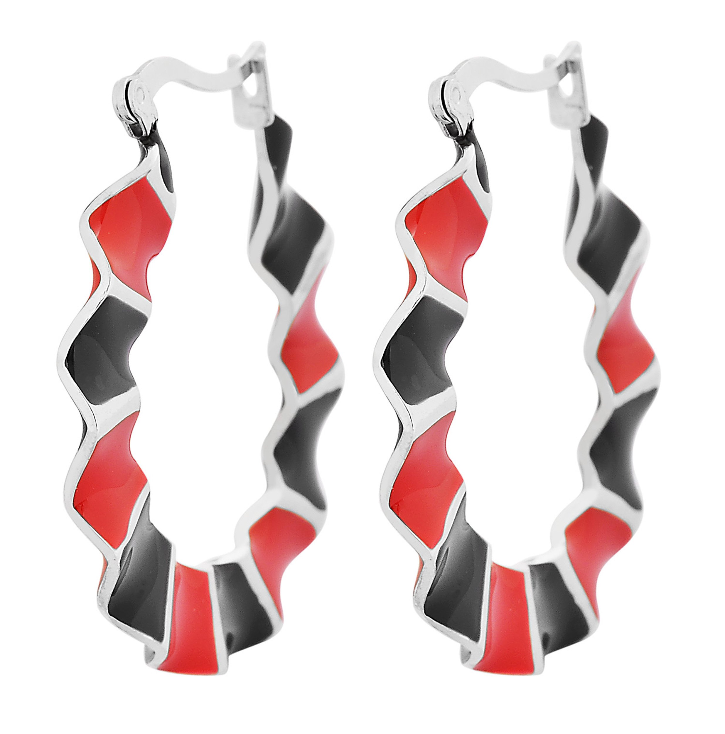 Edforce Women's Stainless Steel Black/Red Twisted Hoop Earrings, (34mm)