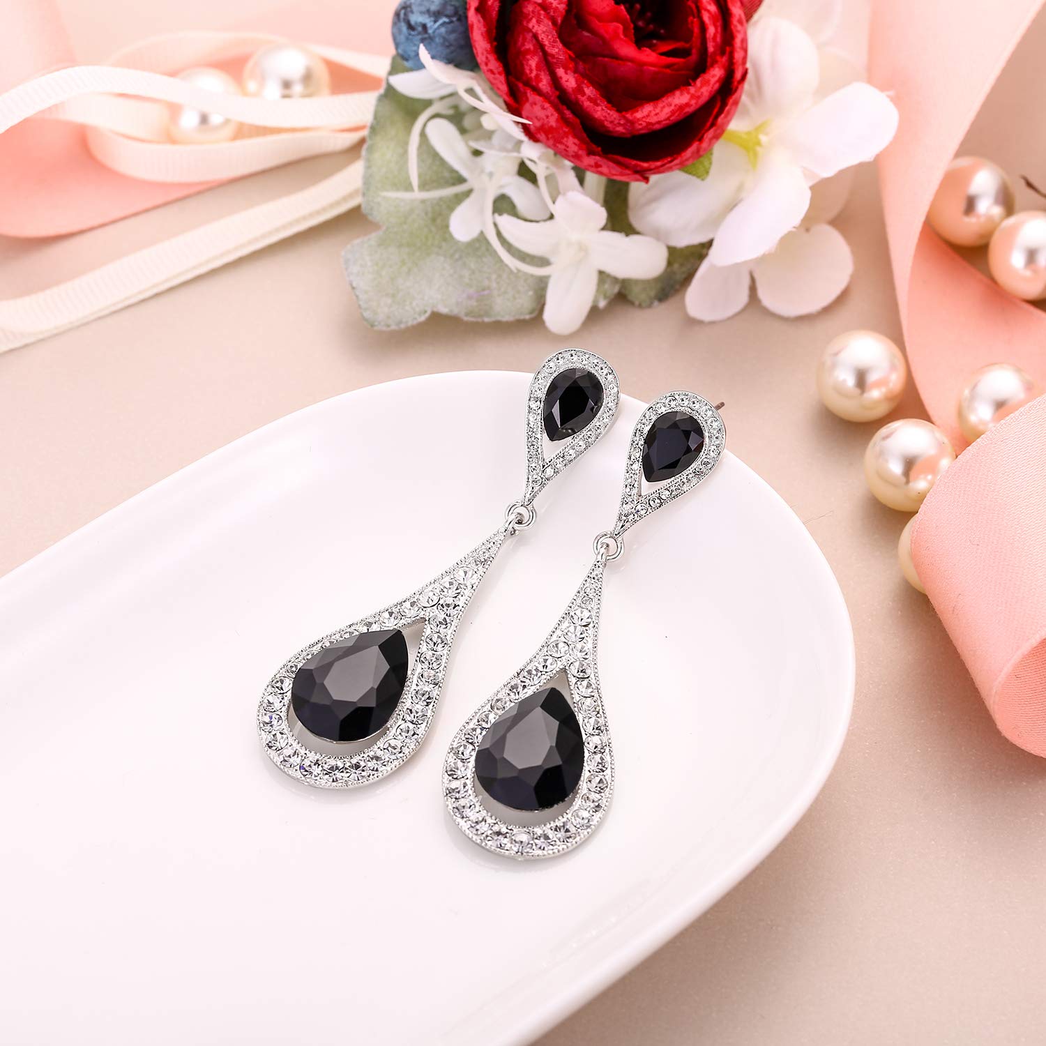 EVER FAITH Costume Jewelry Crystal Dual Teardrop Pierced Drop Dangle Earrings for Women Black Silver-Tone