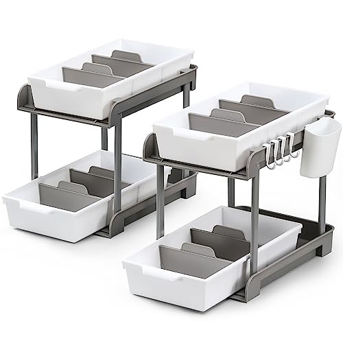 LANDNEOO 2 SET, 2 Tier Clear Organizer with Dividers & 2 Set, 2 Tier Pull-Out Under Sink Organizer and Storage with Dividers