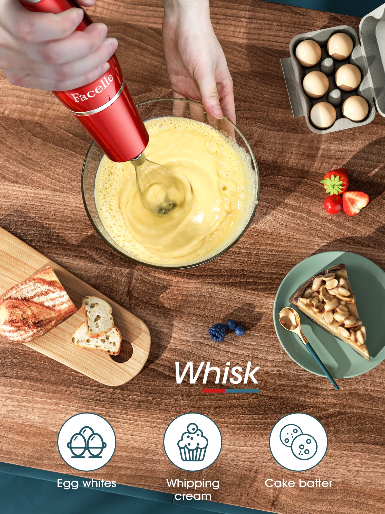 Facelle Hand Blender 1000W, 4-In-1 Immersion Electric Handheld Blender, Stick Blender Set with Chopper, Beaker, Whisk for Smoothie, Baby Food, Sauces Red, Puree, Soup