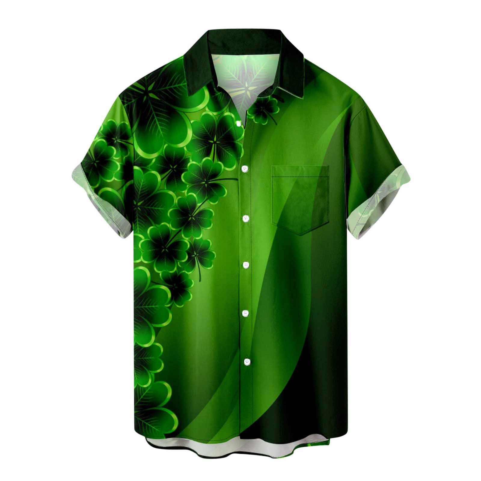 Mens St Patricks Day Shirt Irish Clover Print Button Down Shirts Short Sleeve Casual Loose Fit Beach Tshirts Tee Tops