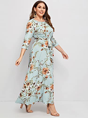 WDIRARA Women's Plus Size Floral Print Round Neck Belted A Line Flared Dress Mint Green 1XL