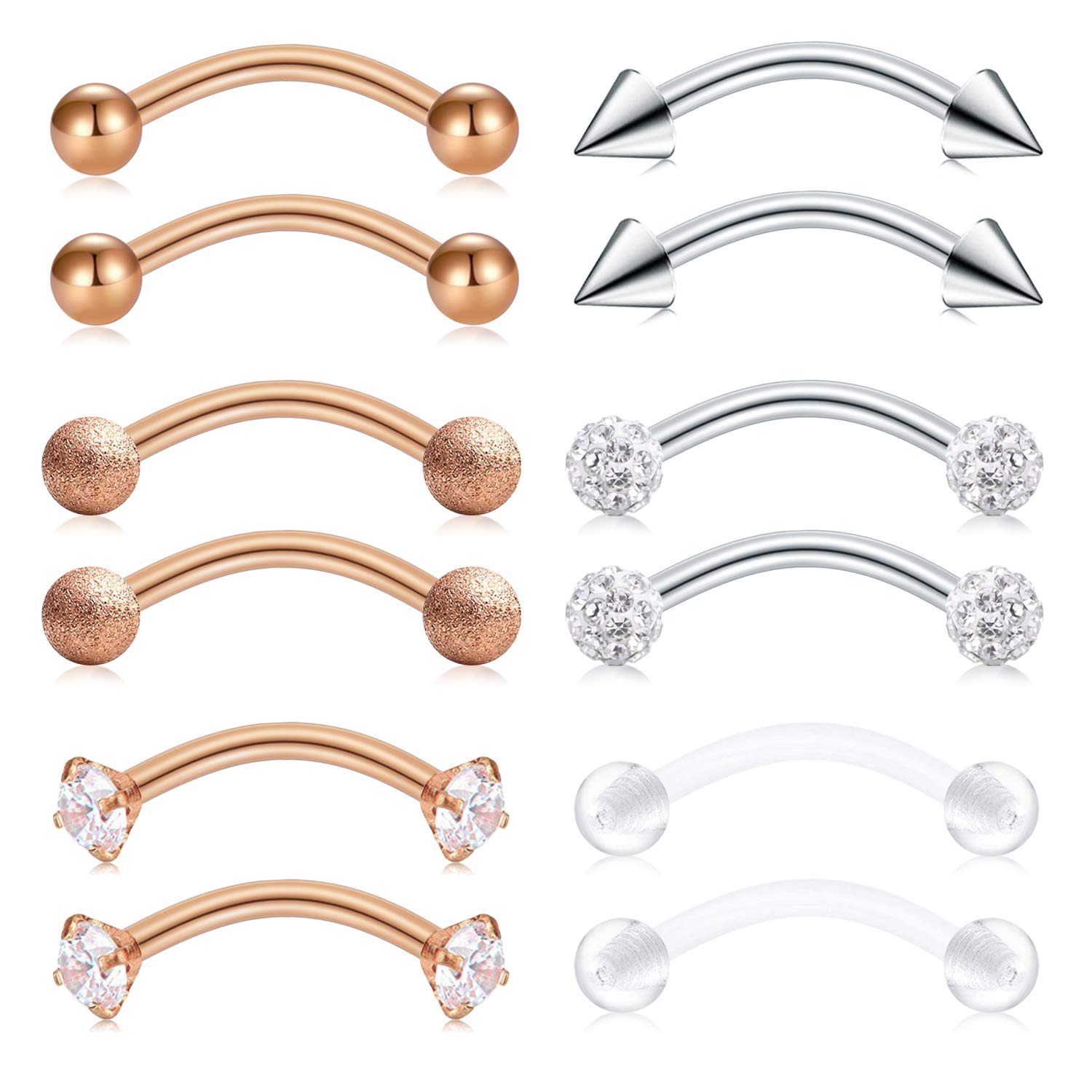 FECTAS 16G Daith Earrings Rook Forward Helix Earring Eyebrow Rings Lip Curved Piercing Barbell 4PRS 3/8" Rose Gold