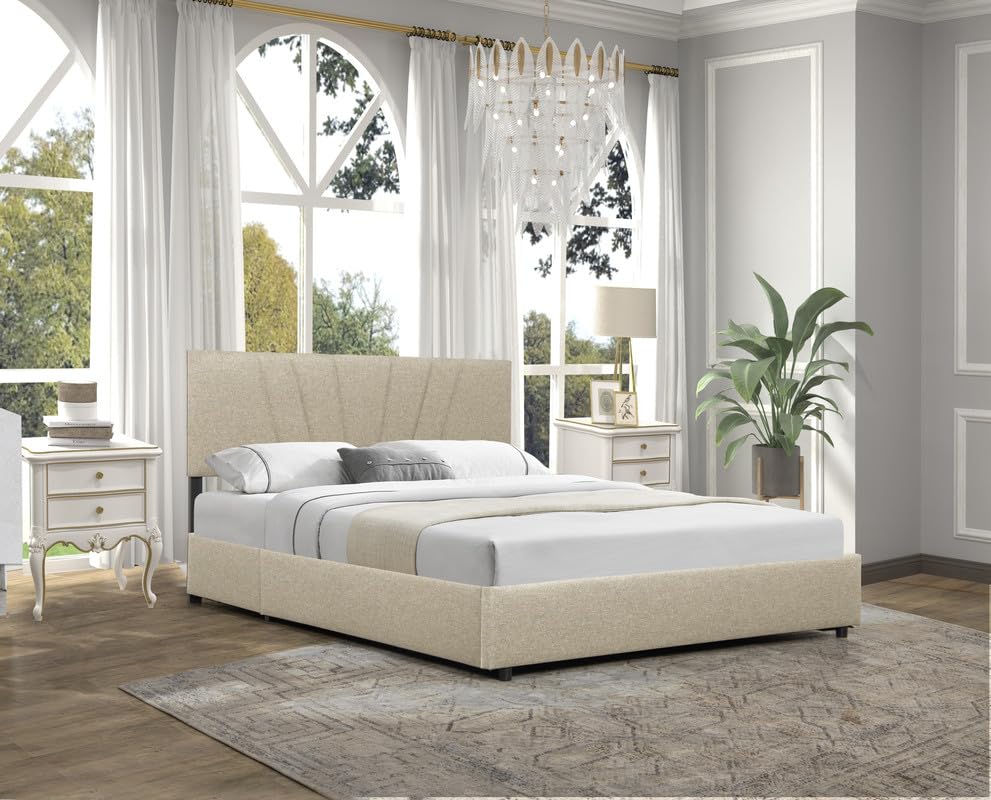 FDSPDO Lift Up Storage Bed Queen Upholstered Bed with Tufted Headboard and Storage Underneath, Wooden Platform Bed Frame for Kids Teens Adults (Queen Size, Beige)