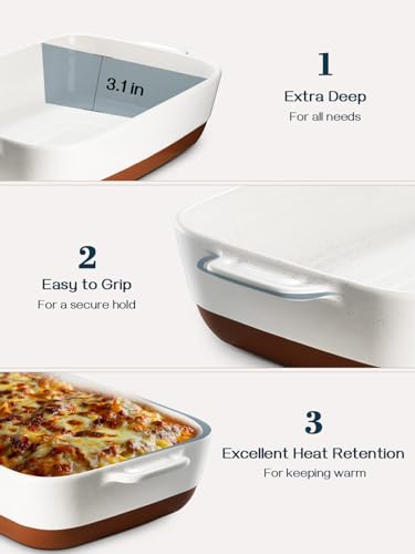 DOWAN Ceramic Baking Dish, 9x13 Deep Lasagna Pan, Large Casserole Dish with Handles, 4.3 Quarts Durable and Oven Safe Pan, for Roasting and Baking, Alabaster White