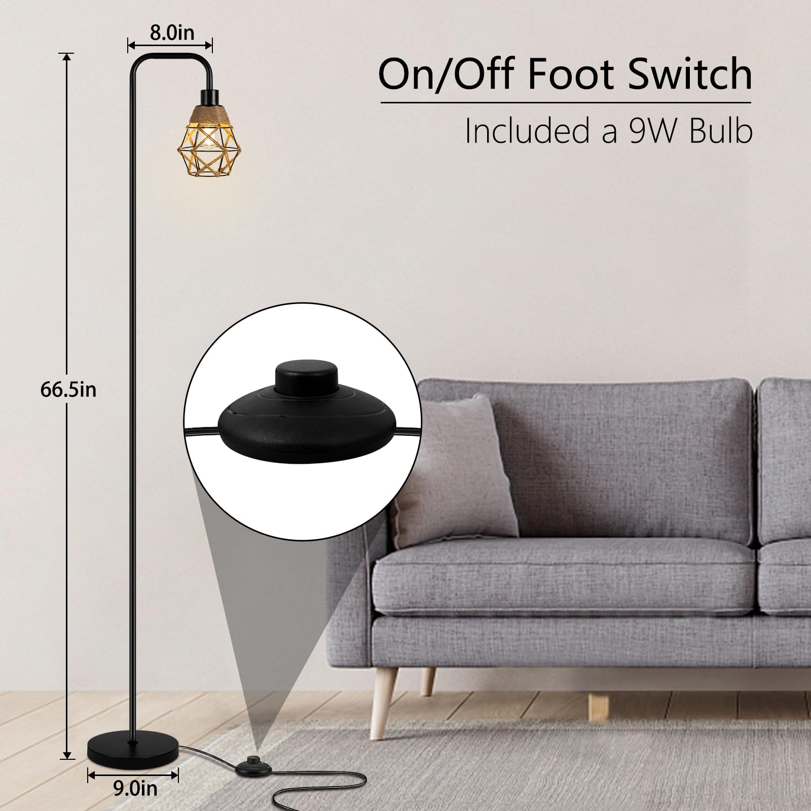 Floor Lamp, Standing Lamp with 9w Led Bulb, ETL Certified E26 Socket, Hemp Rope Design for Decorative Lighting, Modern Tall Lamp for Bedroom, Kids Room, Reading, Dorm