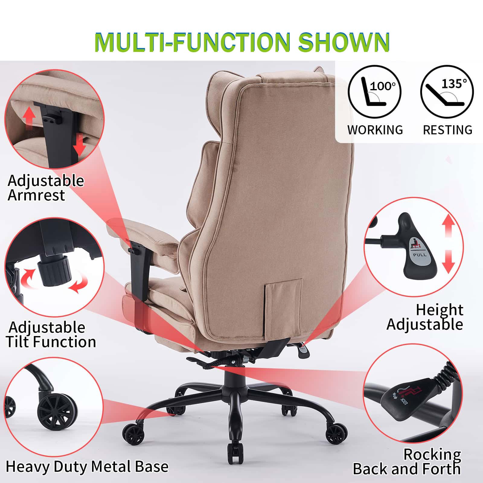 Efomao Desk Office Chair,Big High Chair,Fabric Computer Chair,Oversized Chair,Executive Office Chair,Adjustable Armrest Office Chair with Foot Rest, Beige Office Chair