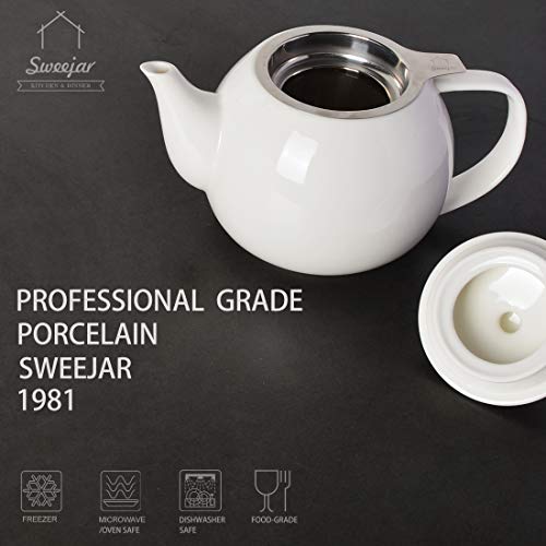 Sweejar Porcelain Tea Pot with Infuser and Lid,Teaware with Filter 28 OZ for Tea/Coffee/Milk/Women/Office/Home/Gift (White)