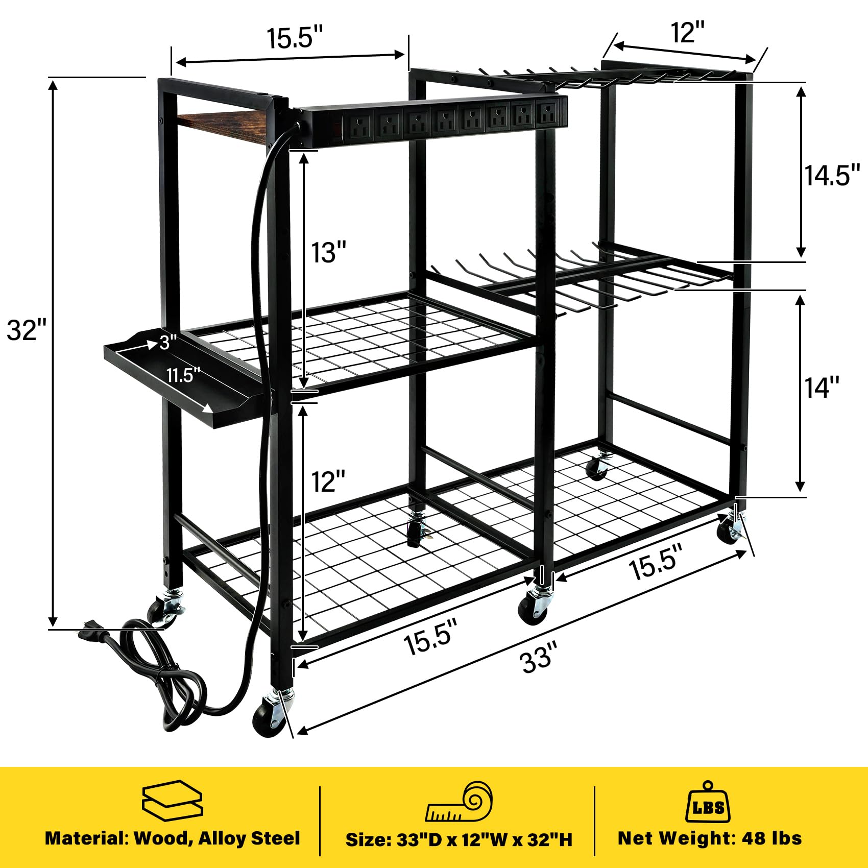 TC-HOMENY Power Tool Organizer Garage Storage with Charging Power Strip, 28 Drill Rack Tool Holder Racks Rolling Tool Cart on Wheels, Tool Shelf Organizer, Garage Workshop Gifts for Men Dads