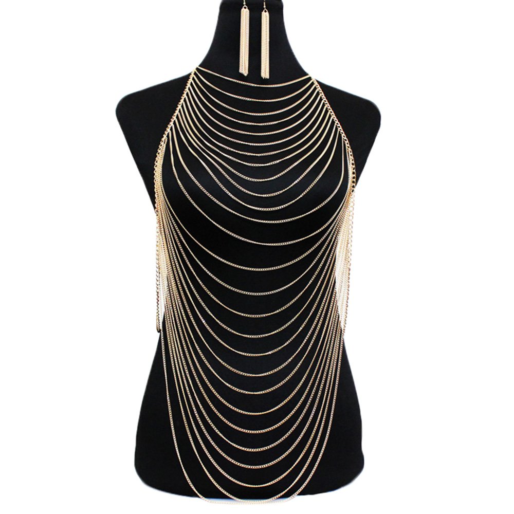 DOTASI Women's Sexy Halter Backless Tank Top Bra Body Chain Necklace Tassels Party (Gold)