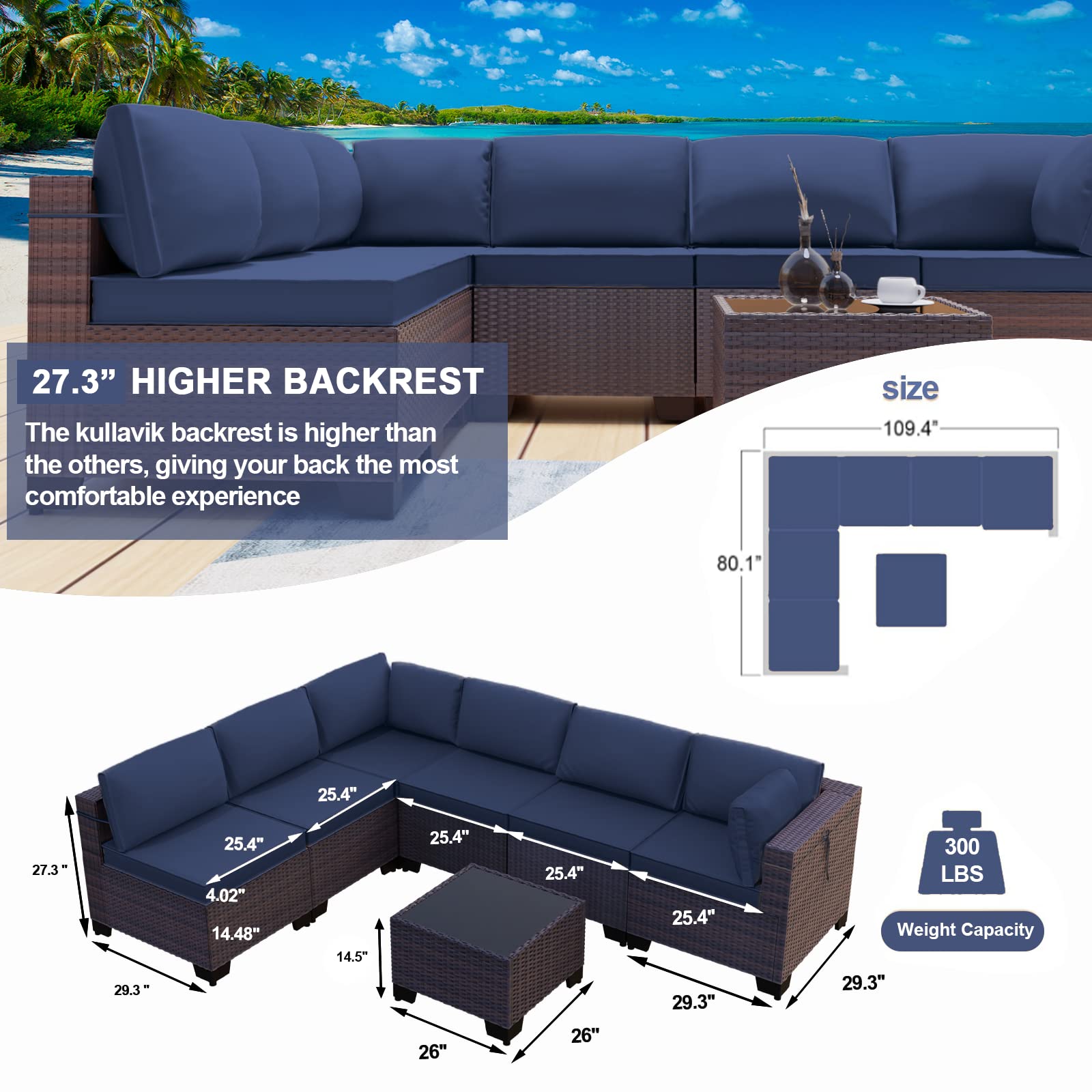 Kullavik 7 Pieces Outdoor Patio Furniture Set Sectional Rattan Sofa Brown Manual Wicker Patio Conversation Set with Navy Blue Cushions,1 Tempered Glass Tea Table and Cushions Covers