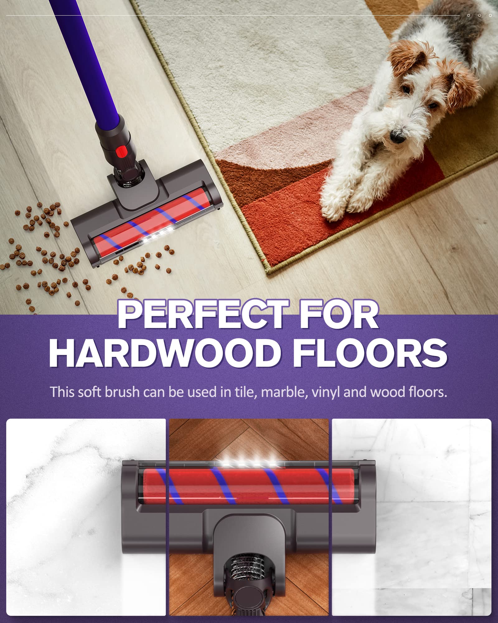 Haoyijor Vacuum Attachments Motorhead for Dyson V15 V8 V7 V10 V11, Hardwood Floor Attachment for Dyson, Soft Roller Brush Head Replacement with LED Light