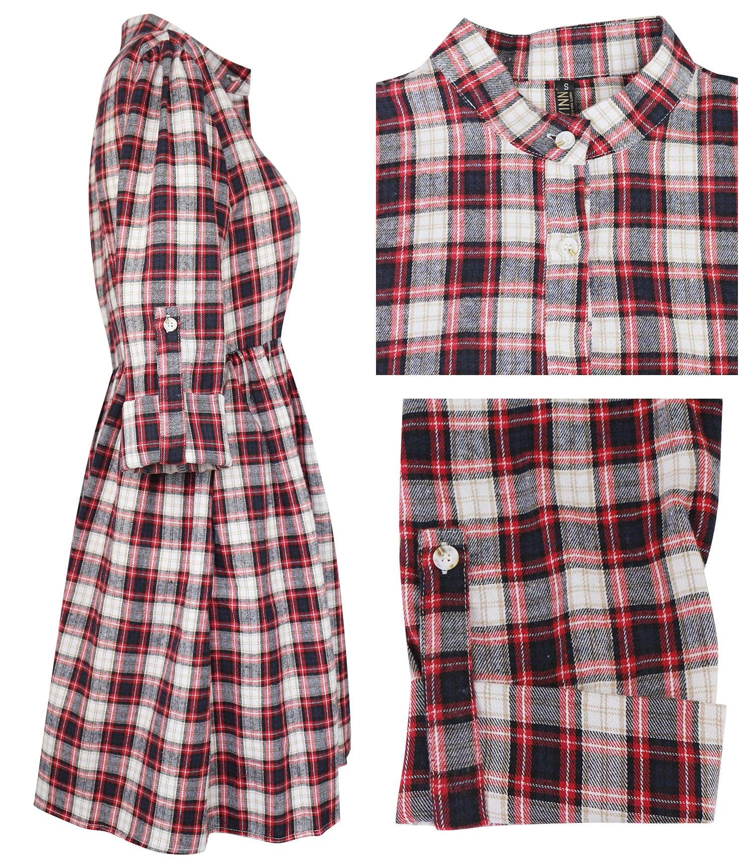 FANCYINN Women's Gingham Stand Collar Shirt Dress Button Up Casual Round Up Long Sleeve Mini Plaid Shirt Dresses Christmas Red and Black S
