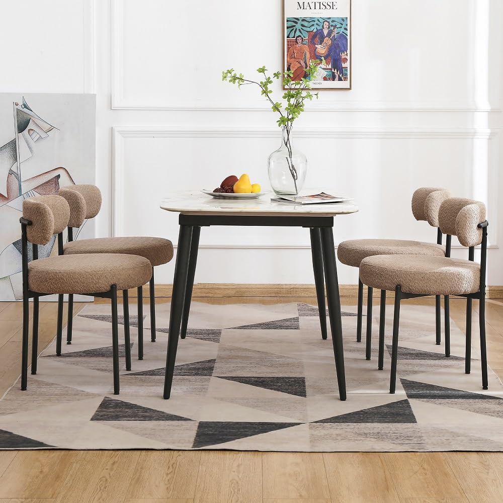 EDWELL Dining Chairs Set of 4, Round Upholstered Dining Room Chairs, Curved Backrest Boucle Dining Chair for Kitchen, Living Room, Mid Century Modern Dining Chairs with Black Metal Legs
