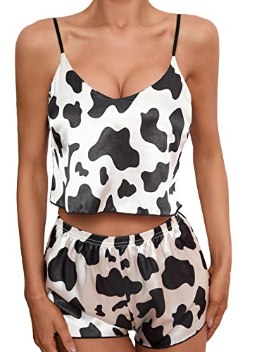 WDIRARA Women's Sleepwear Cute Print Lettuce Trim Cami and Shorts Pajama Set White Black Cow S