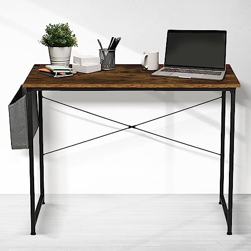 YSSOA 40 Inch Computer, Modern Simple Style Home Office, Study Student Writing, Vintage with Storage Bag Wooden Desk, Brown