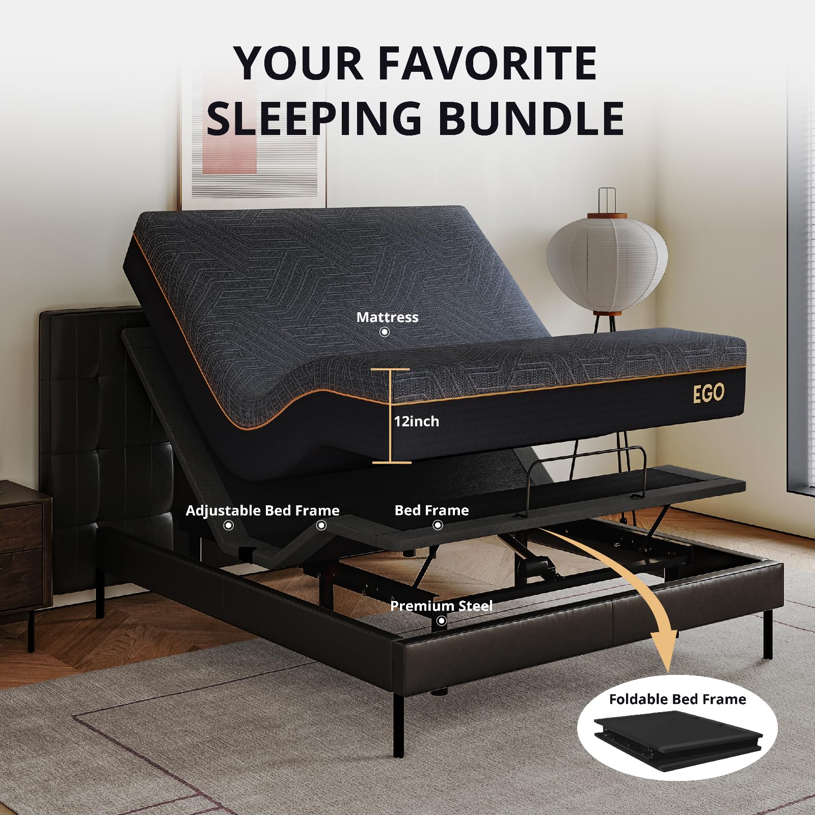 EGOHOME Split King Adjustable Bed Frame and 14 inch Copper Gel Memory Foam Mattress Set, Metal Foldable Bed Base with Remote, Independent Head and Foot Incline, Zero Gravity Mode, Easy Assembly