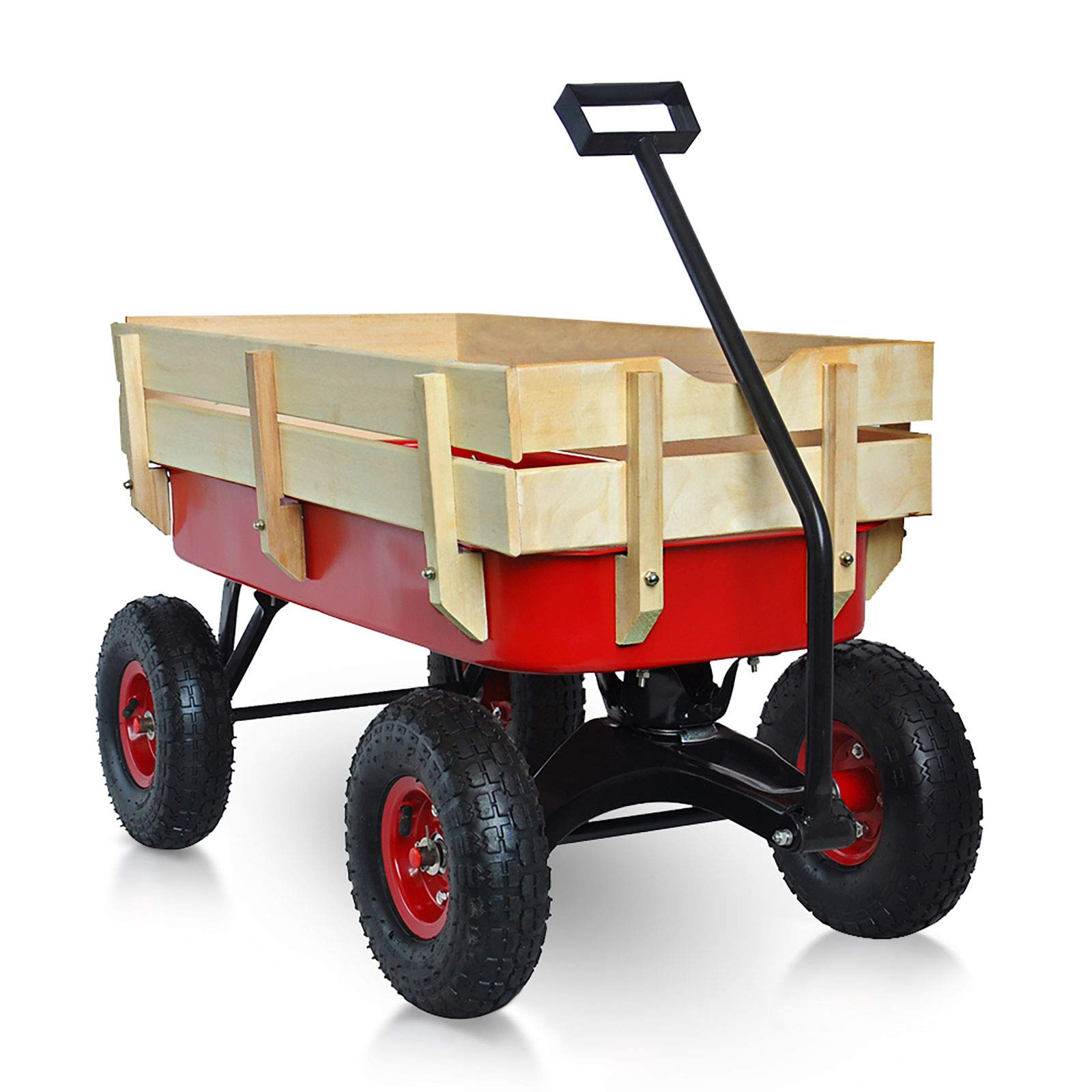 fansmart 39" Pull -Along Wagon for Kids with Pulling Wood Railing Panels Outdoor Wagon 10" All Terrain Air Tires 330 lbs Capacity for Beach, Garden, Sporting Events, Park(Red)