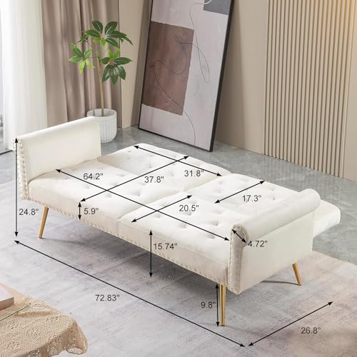 ERYE Beige Velvet with 2 Pillows 5 Legs Nailhead Decor