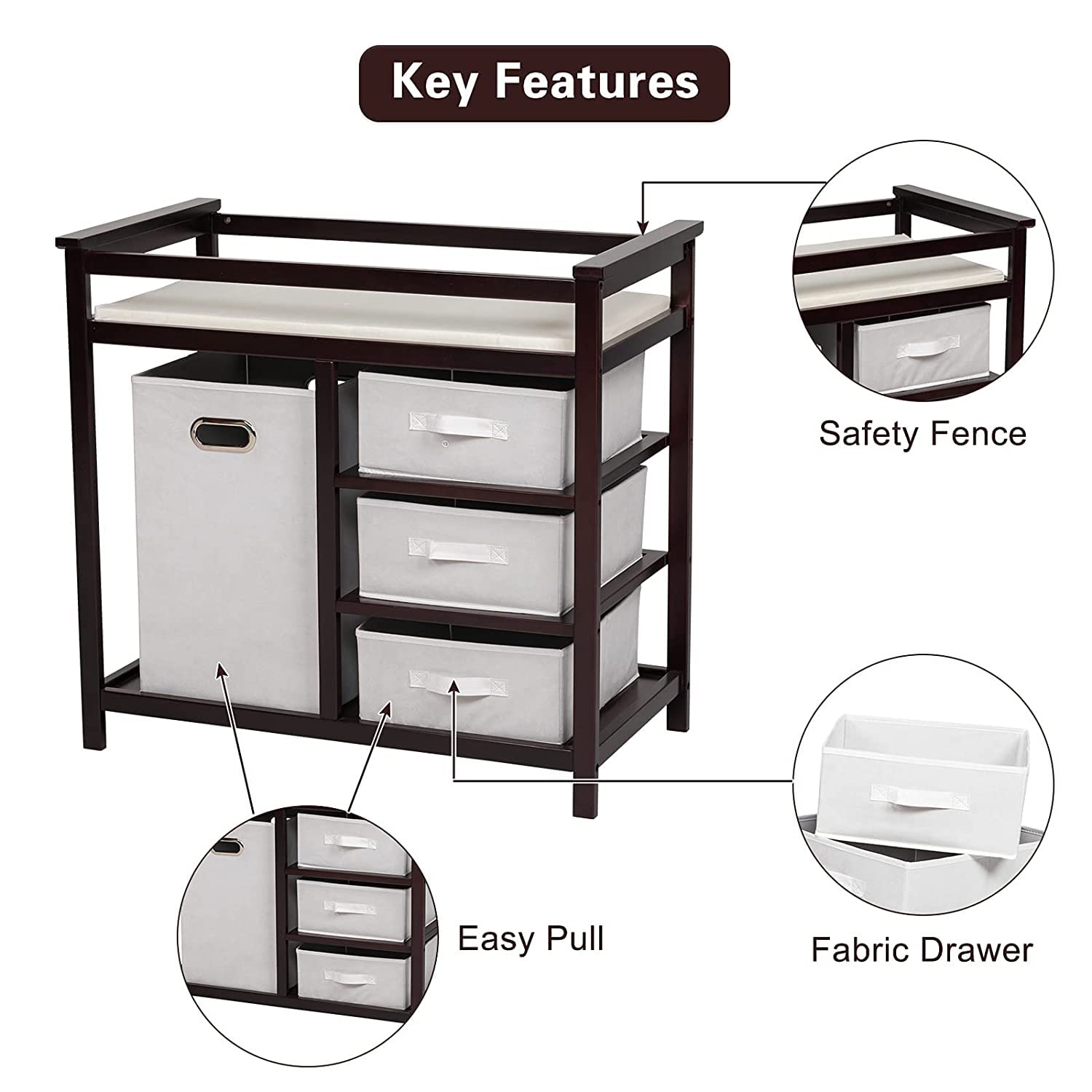 Kinsuite Baby Changing Table - Modern Wooden Nursing Table, with Cushions and Storage Drawers, Mother’s Intimate Care, Convenient and Safe, Brown