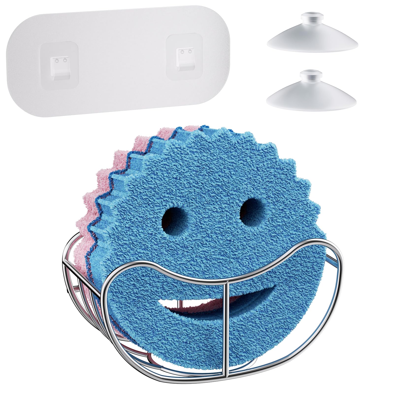 HapiRm Smiley Face Sponge Holder for Kitchen Sink, Two Installation Ways Sink Caddy with Suction Cups & Adhesive Hook, Polished Rustproof Stainless Steel Sink Sponge Holder-Silver