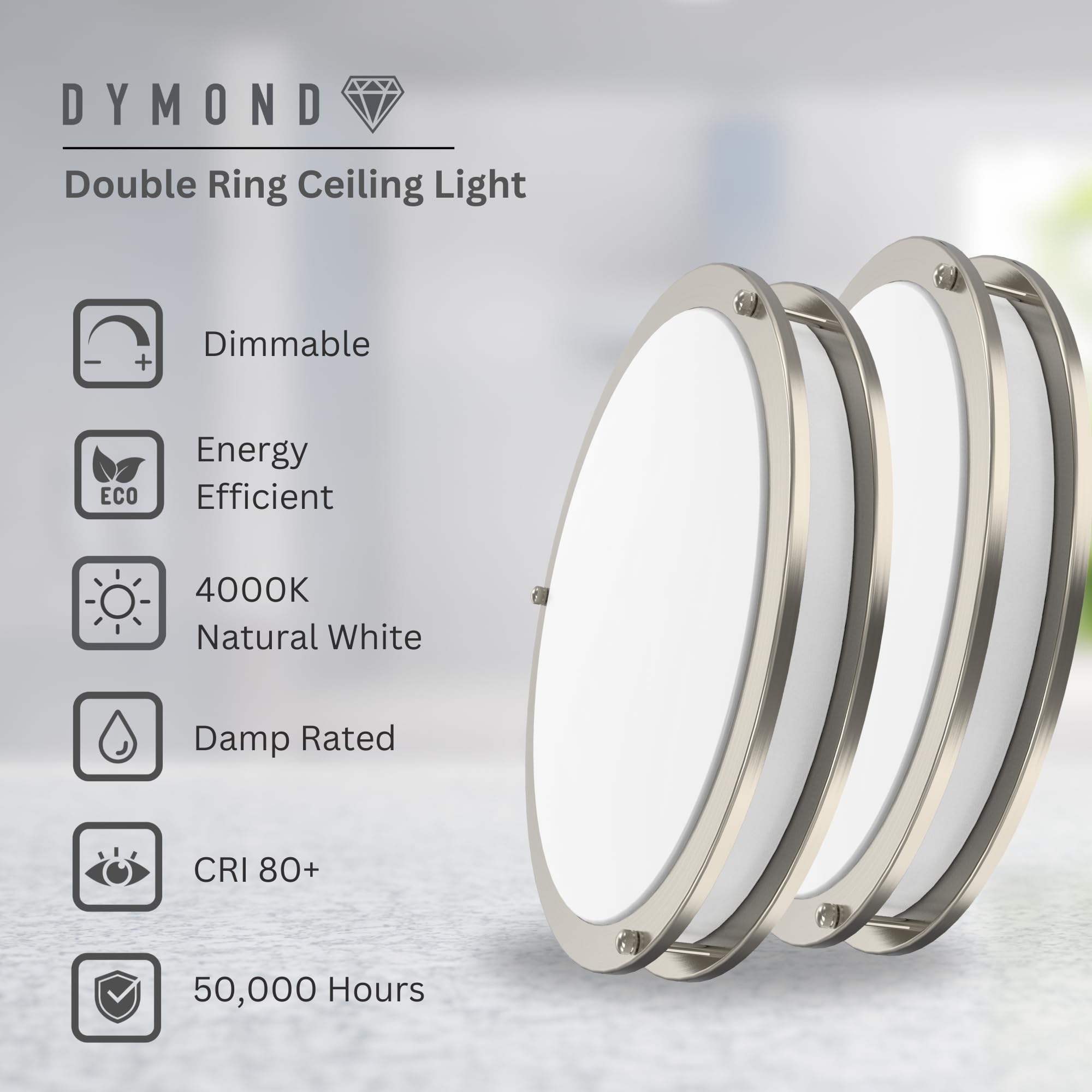 DYMOND 10 Inch LED Ceiling Light Flush Mount Dimmable Surface Mount Brushed Nickel Light Fixture for Kitchen, Hallway, Bathroom, Bedroom (2 Pack) (4000K Natural Daylight)