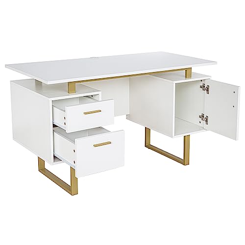 Techni Mobili Storage Drawers and Cabinet 51.25β W-Modern Office Large Floating Desktop Surface Desk, 23.6" D x 51.2" W x 29.8" H, White/Gold